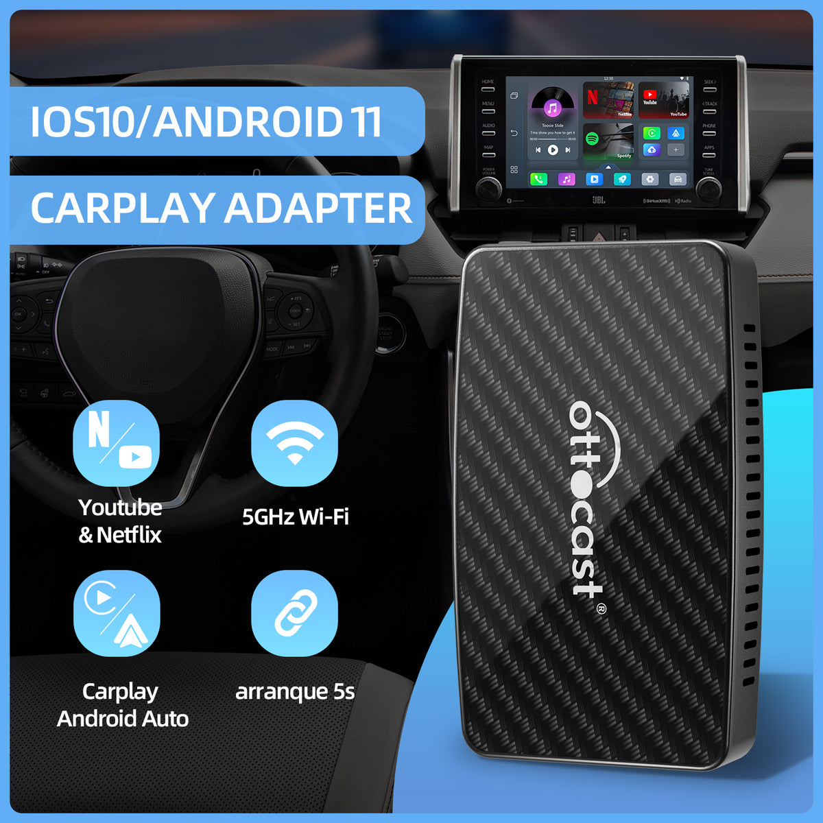 Play2Video CarPlay Inalámbrico/ Android Auto Adaptador todo en uno - Ottocast